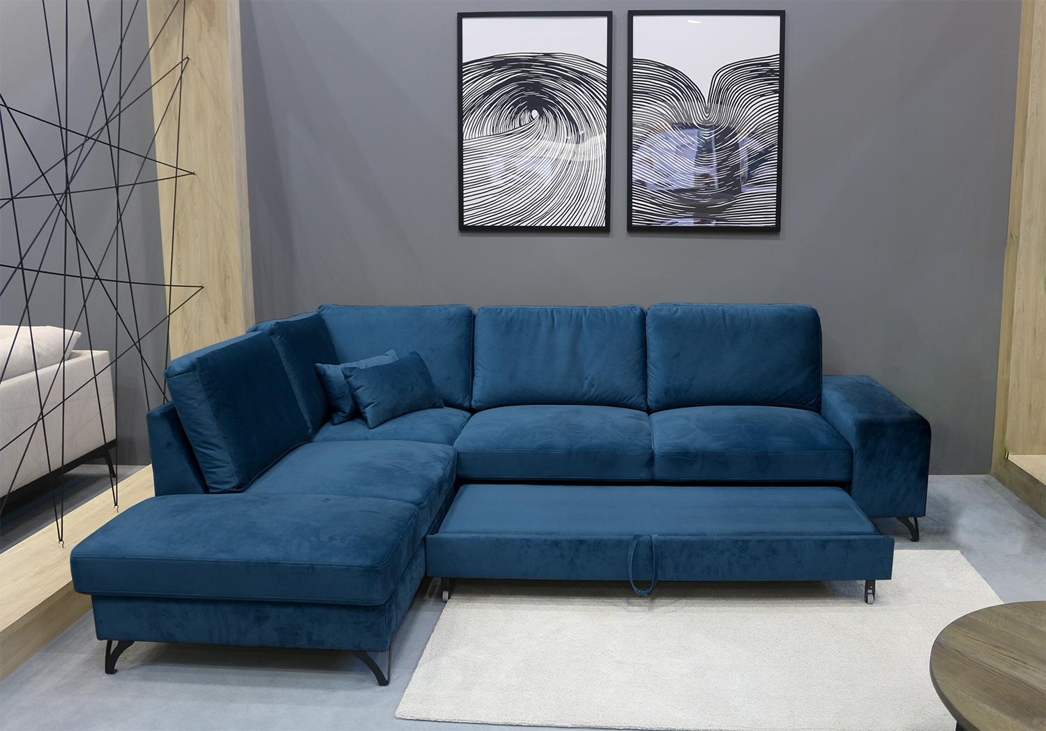 Granatowy wypoczynek do salonu z funkcją spania Flavio lewy 283x214 cm ...