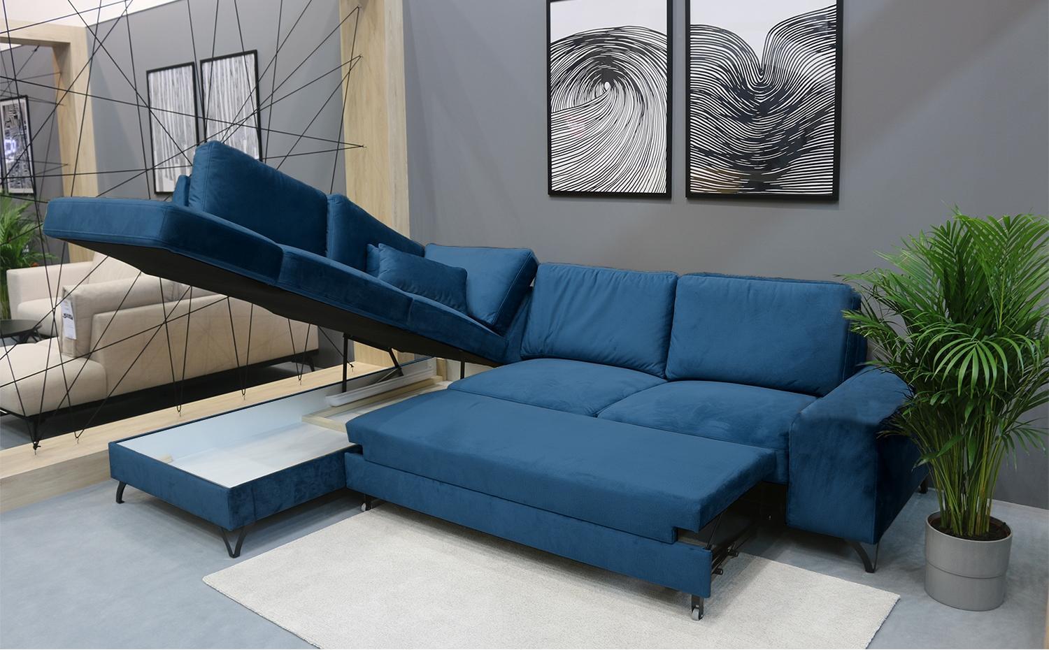 Granatowy wypoczynek do salonu z funkcją spania Flavio lewy 283x214 cm ...